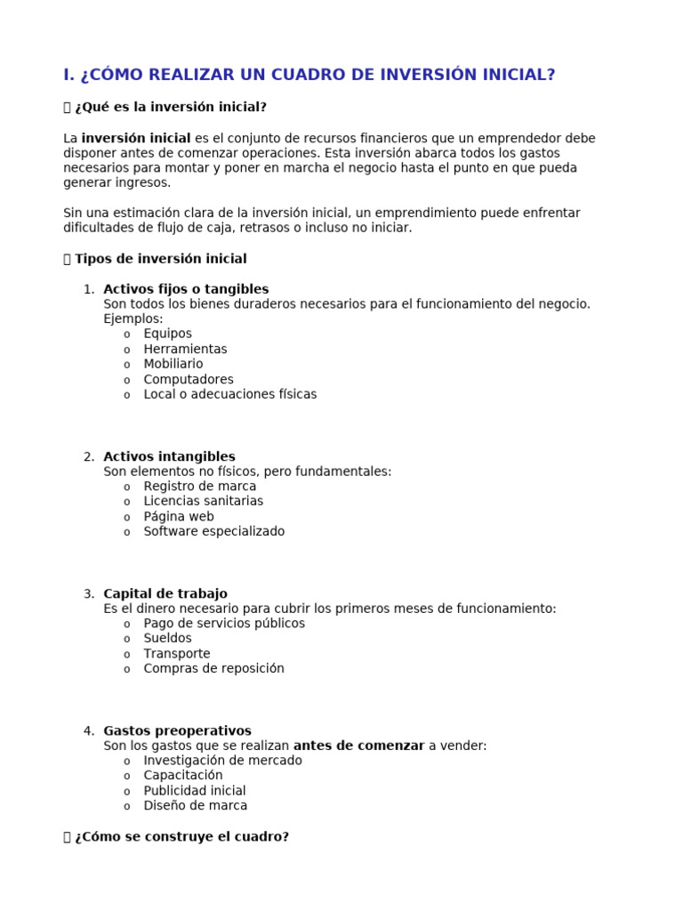Como Realizar Cuadros de Inversion Inicial y El Presupuesto de Un ...