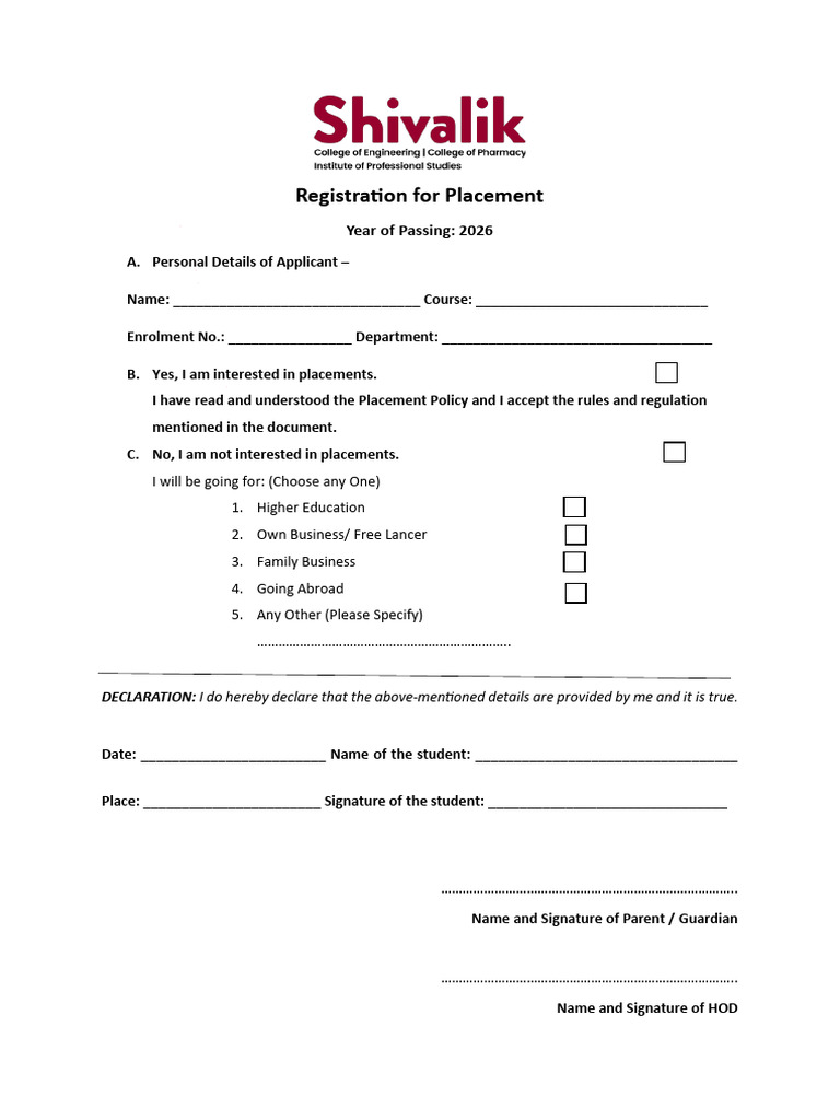 Registration Form For Placement | PDF