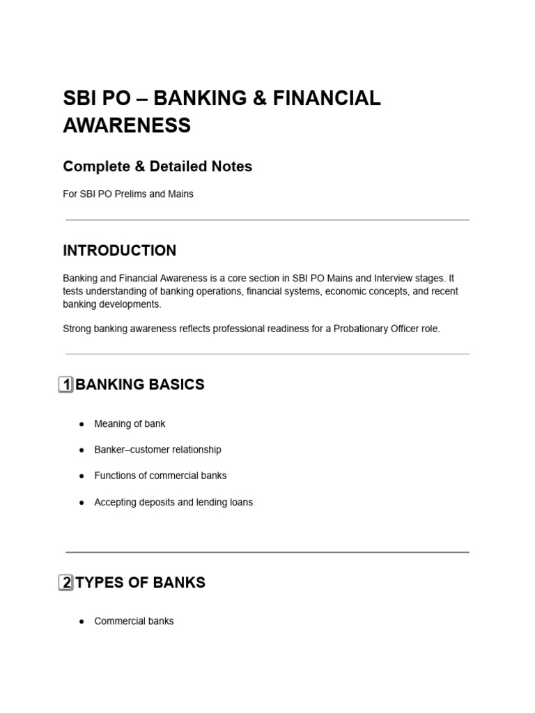 Sbi Po - Banking & Financial Awareness: Complete & Detailed Notes | PDF