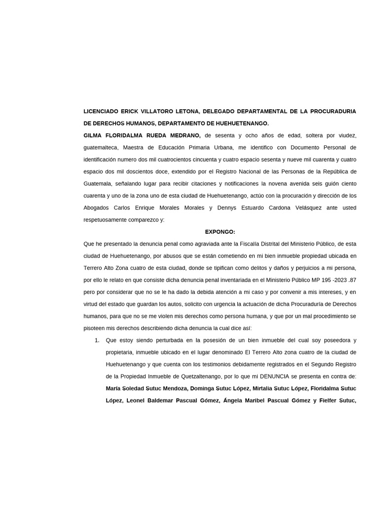 Memorial Procuraduria Derechos Humanos Gilma Floridalma Rueda | PDF ...