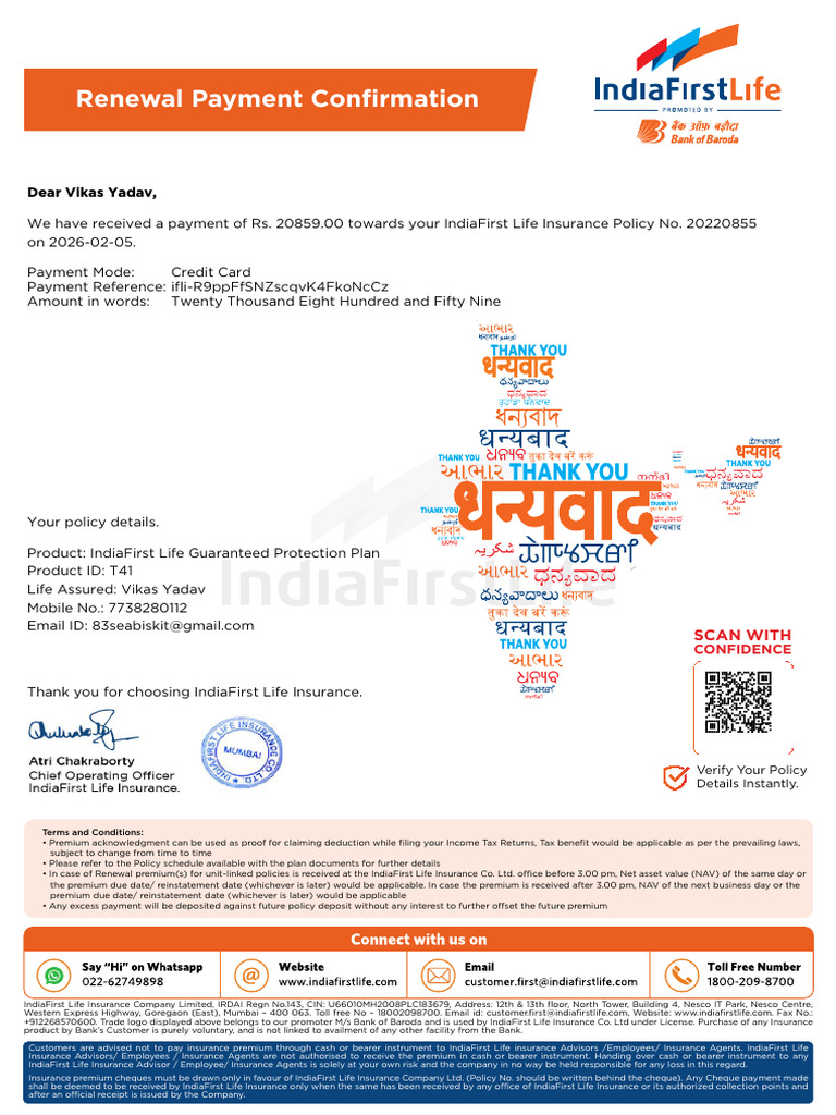 Renewal Premium Receipt 20220855 | PDF | Insurance | Life Insurance