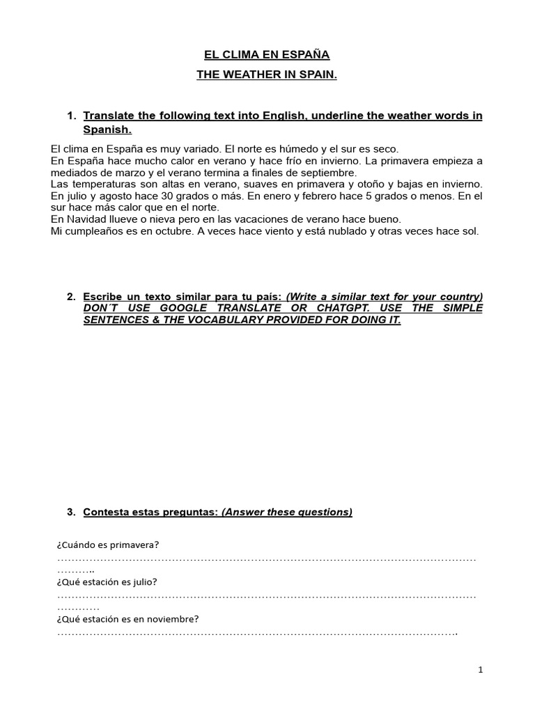 Actividades Para El Tiempo en Español. Activities for the Weather in ...