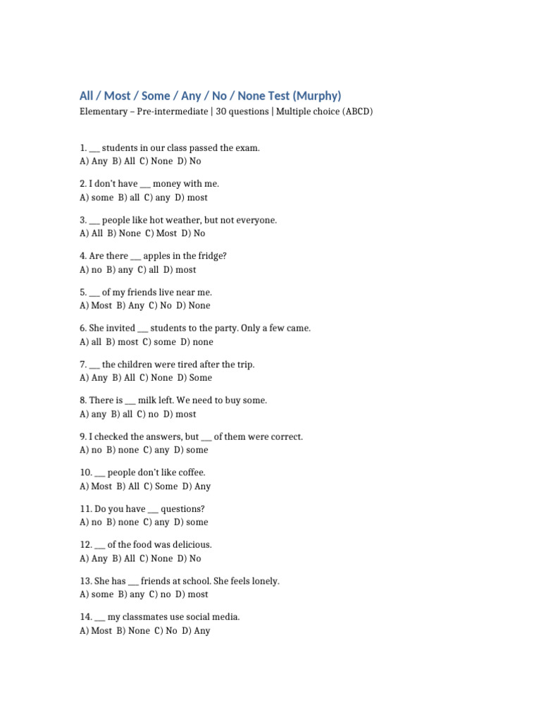 All Most Some Any No None Test Murphy | PDF