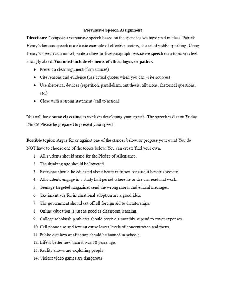 Persuasive Speech Assignment | PDF | Rhetoric | Logos
