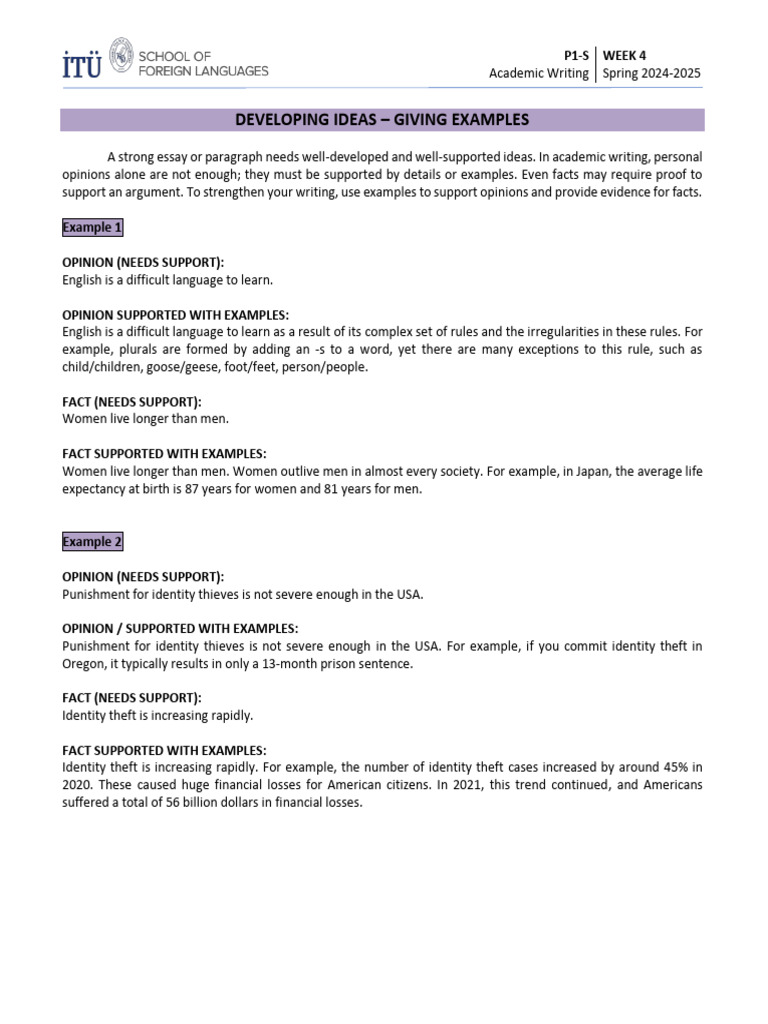 Compulsory Writing Material - Developing Ideas - Giving Examples (Week ...