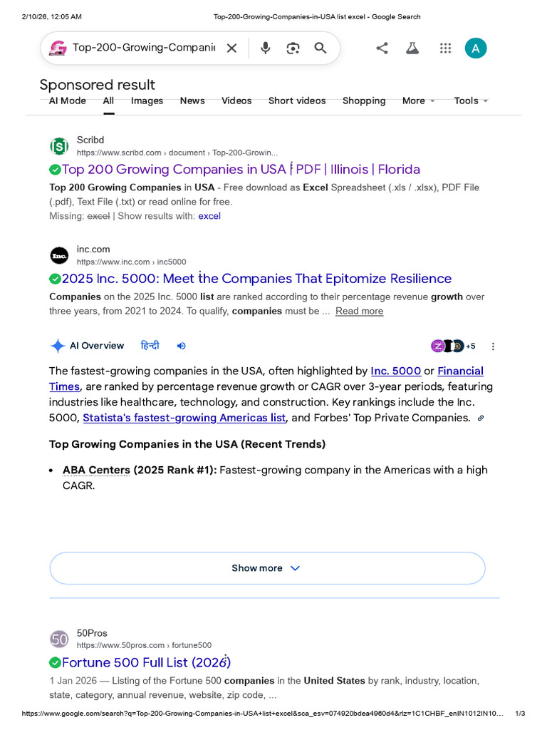Top 200 Growing Companies in USA List Excel Google Search | PDF ...