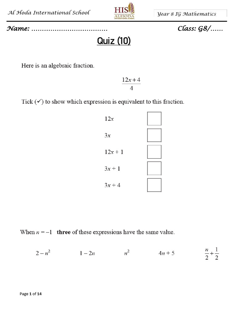 Quiz 10 - Y8 | PDF