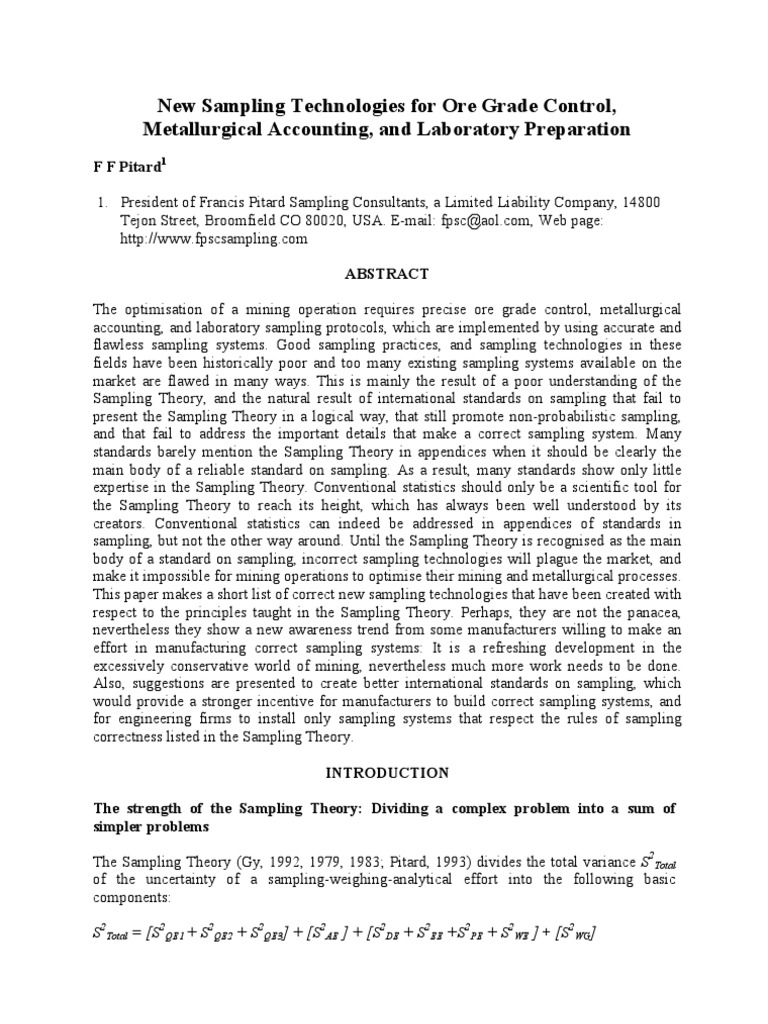 New Sampling Technologies For Ore Grade Control, Metallurgical ...