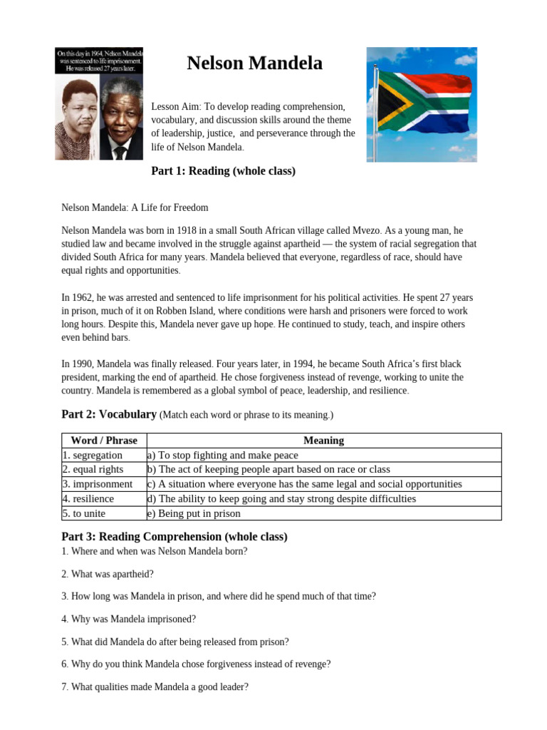 Nelson Mandela - Worksheet | PDF | Nelson Mandela | Apartheid