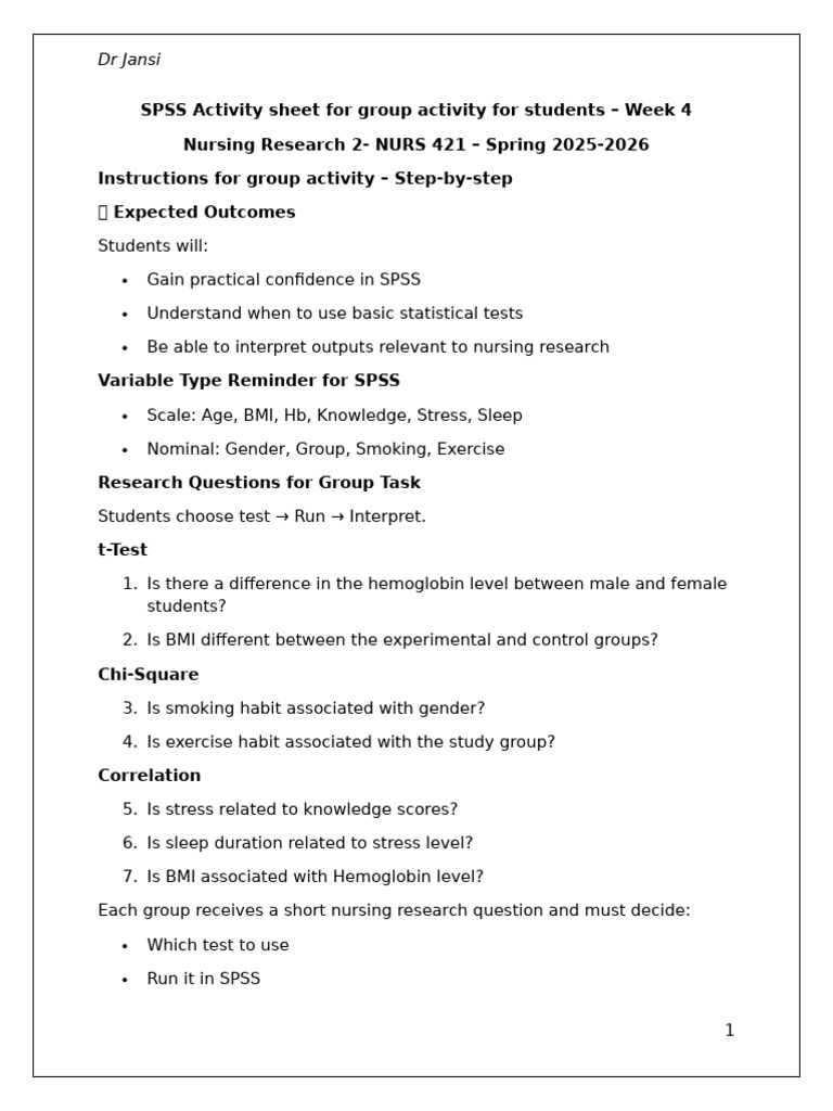 SPSS Activity Sheet For Group Activity For Students-1 | PDF | Student's ...