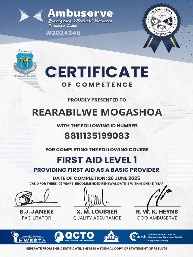 First Aid Level 1 Certification - Doornpoort June | PDF | Emergency ...