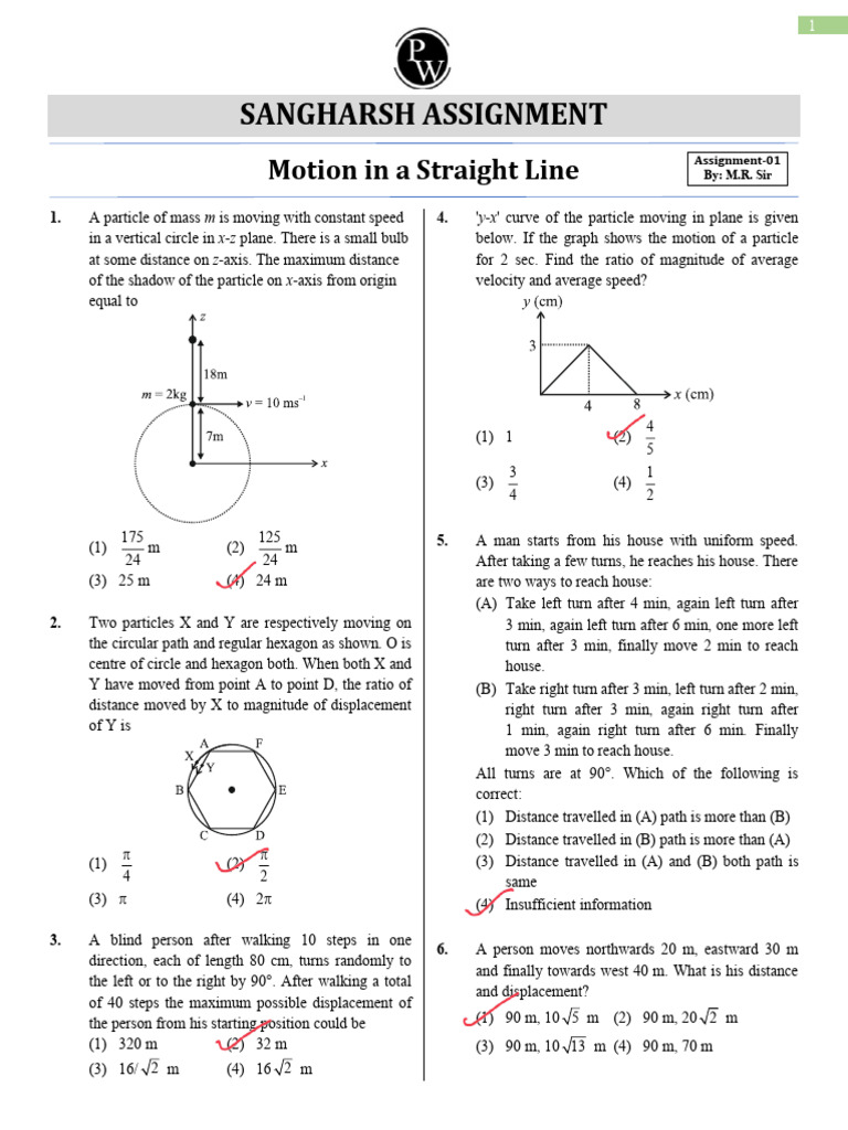 Sangharsh Assignment 01 Motion in a Straight Line Physics MR Sir | PDF ...