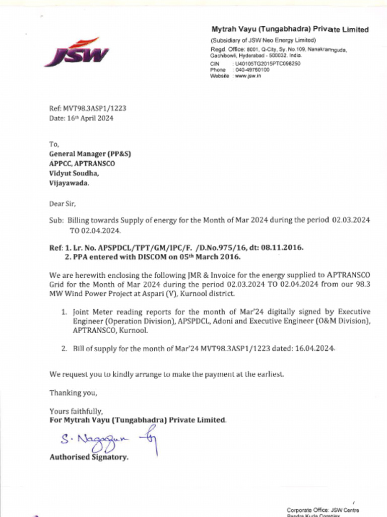 Mytrah Vayu (Tungabhadra) Pvt Ltd - 98.3 MW - Mar'24 | PDF