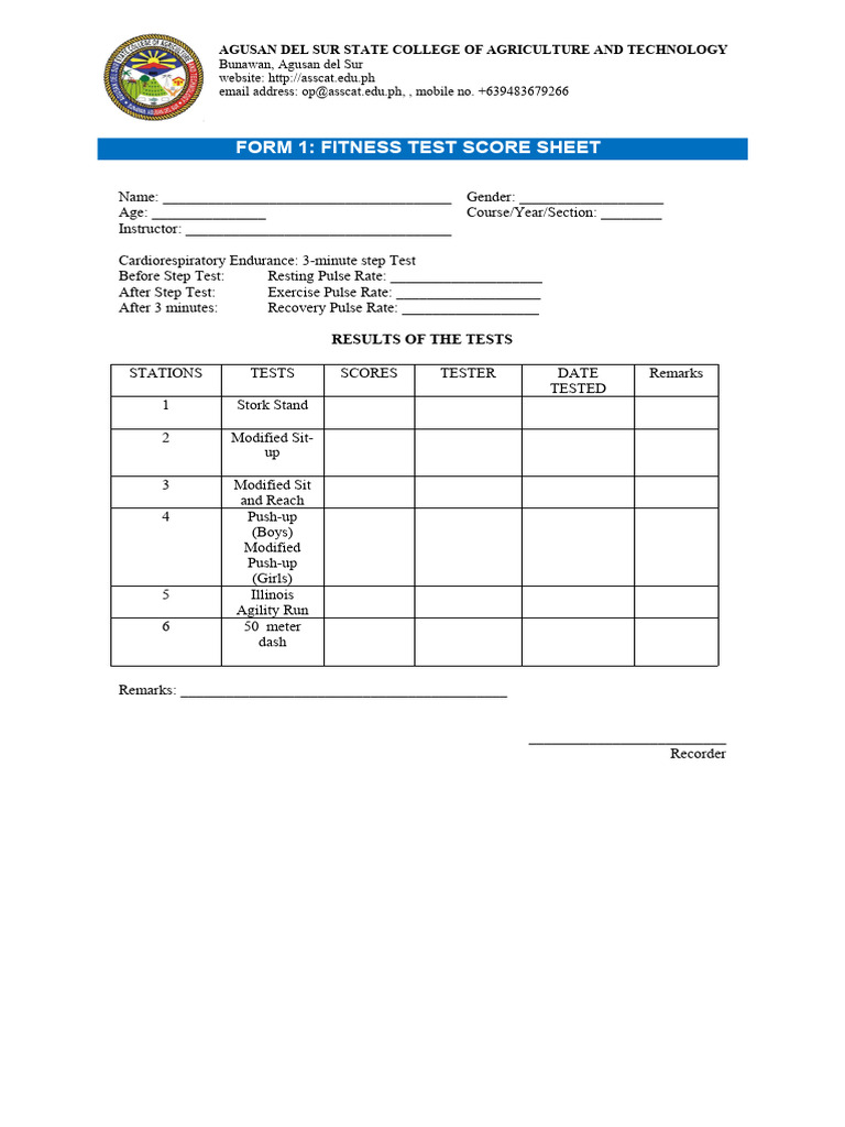 FORM1-Fitness Test Score Sheet | PDF