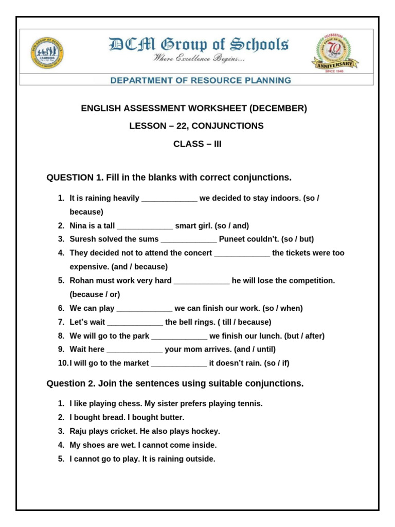 Class III, Chapter-22, Conjunctions,Assessment Worksheet | PDF