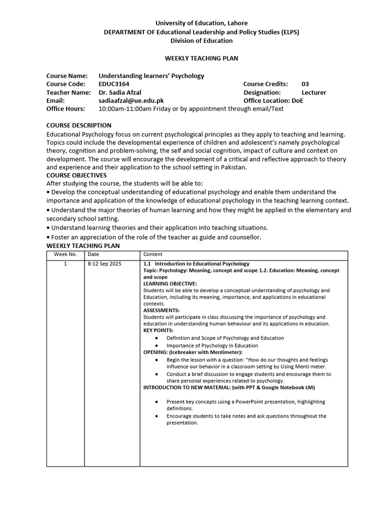 Weekly Teaching Plan (Understanding Learner Psychology) | PDF ...