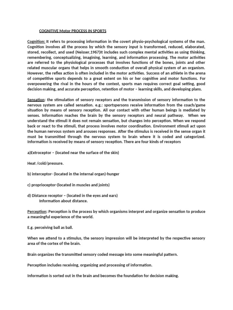 Cognitive Motor Process in Sports Psychology | PDF | Perception | Senses