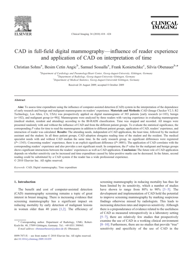 CAD in Full Field Digital Mammography | PDF | Mammography | Clinical ...