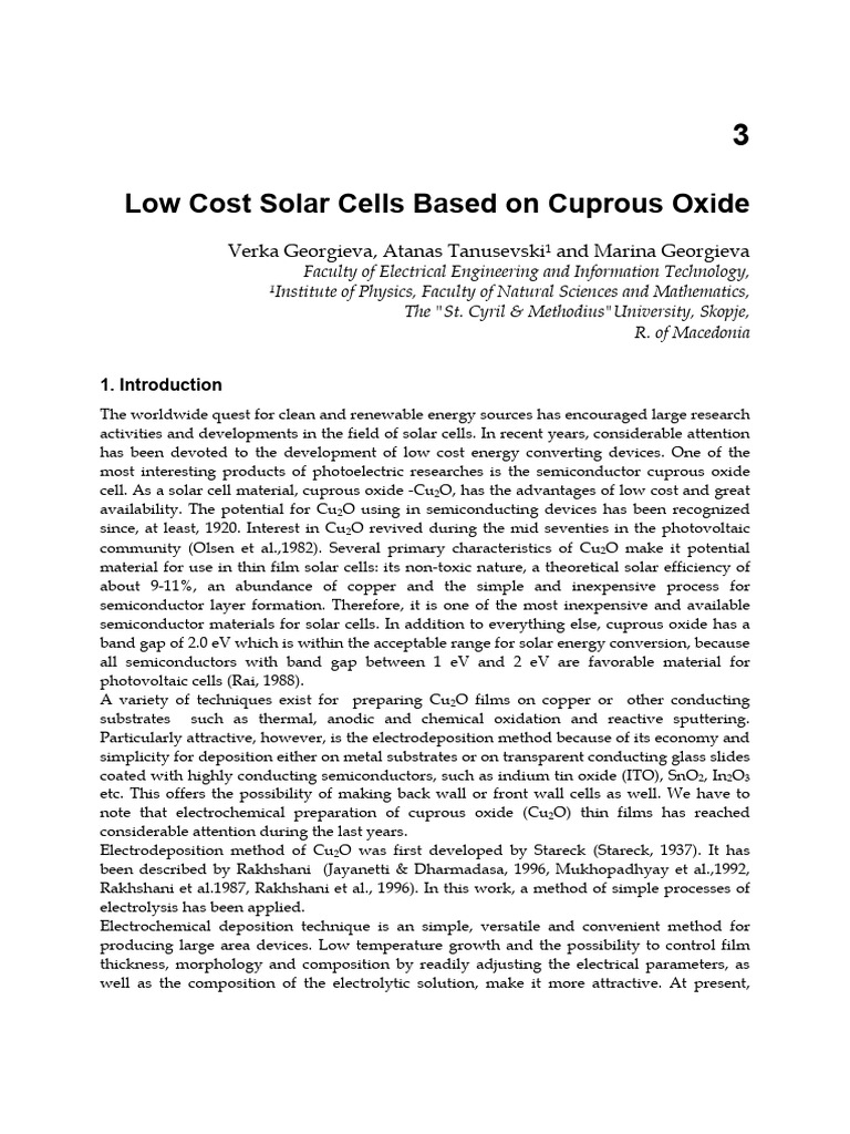 InTech-Low Cost Solar Cells Based on Cuprous Oxide | PDF | Zinc Oxide ...