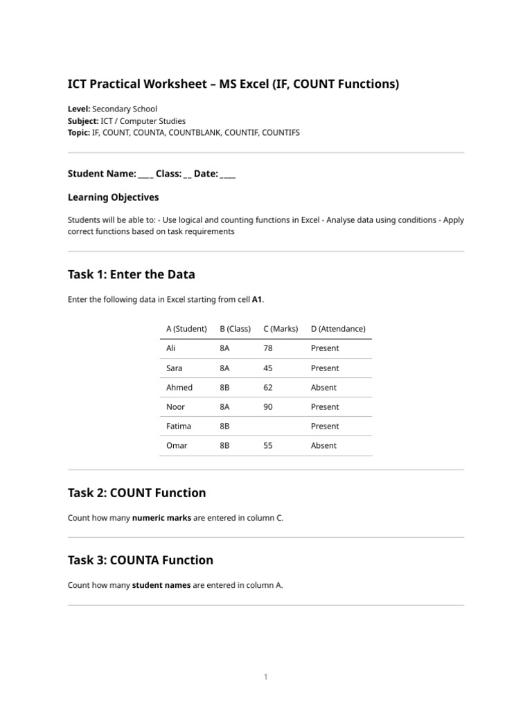 Grade 8-Ict Practical Worksheet - Excel Count & If Functions | PDF