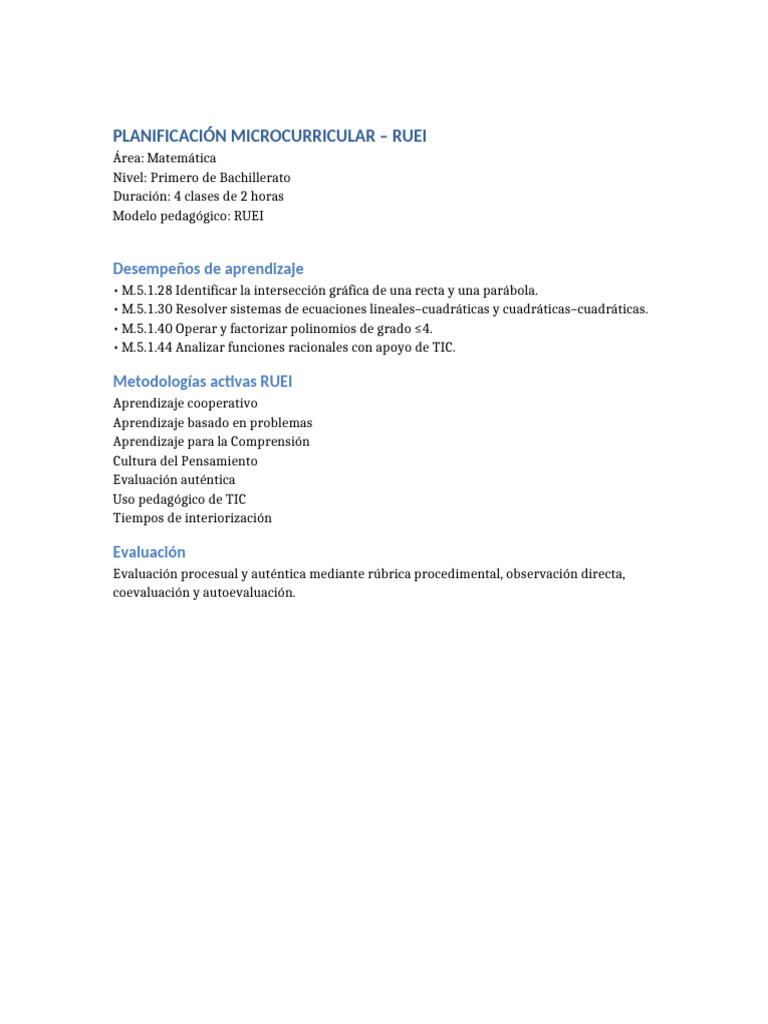 Planificacion Microcurricular RUEI Matematica | PDF