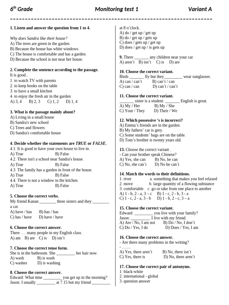 6th Grade Monitoring Test 1 Variant A | PDF