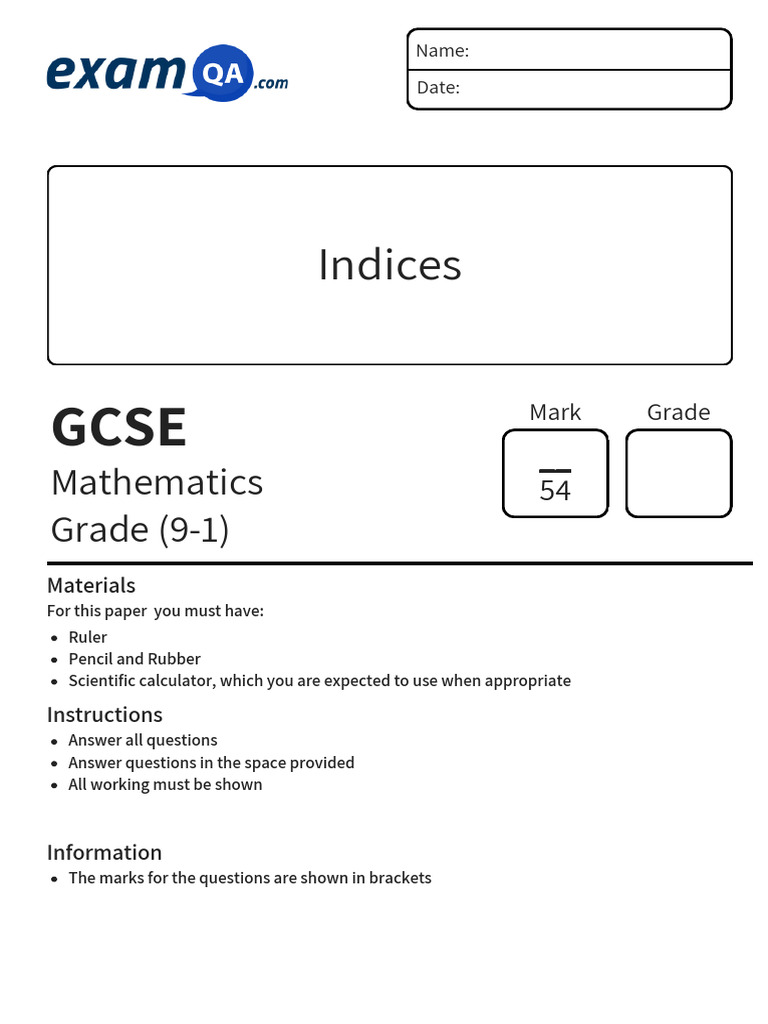 AQA GCSE Indices Worksheet 1 | PDF | Student Assessment And Evaluation ...