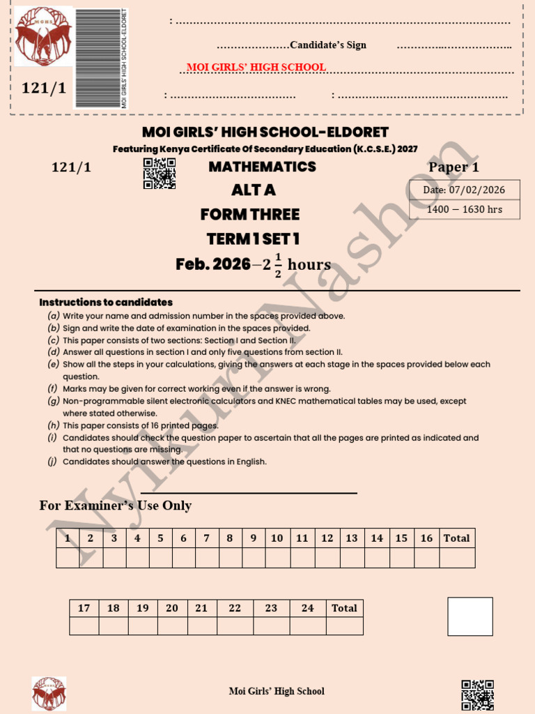 Form 3 MATH P1 TEST 1 2026-MS | PDF | Circle | Mathematics