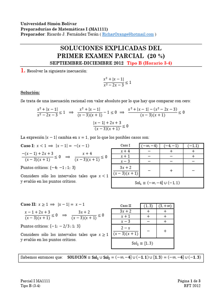 MA-1111 Primer Parcial 2012 Sep-Dic Tipo B (Sol) | PDF | Matemáticas ...