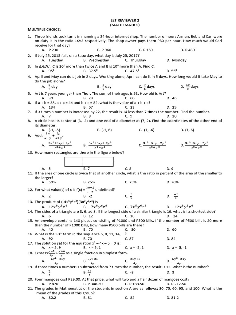 Let Reviewer 2 Ge B Math | PDF | Area | Volume