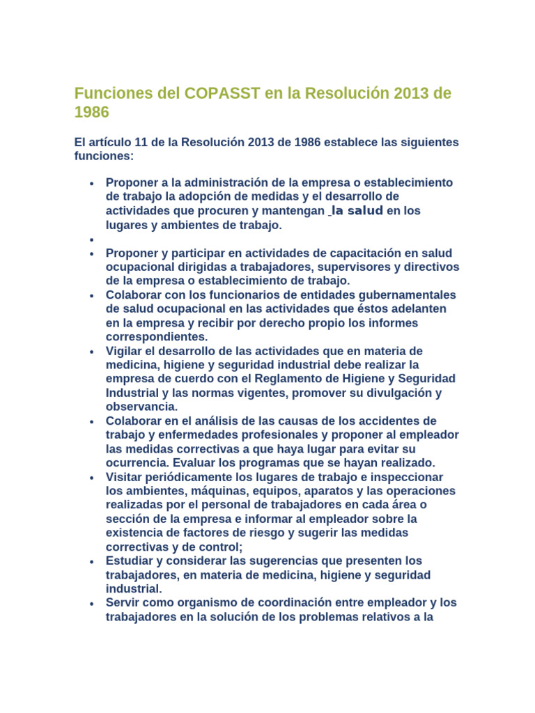 Funciones Del COPASST en La Resolución 2013 de 1986 | PDF