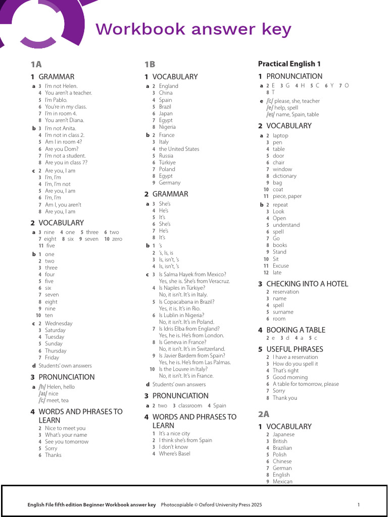 EF5th Beginner WB Answer Key | PDF | English Language