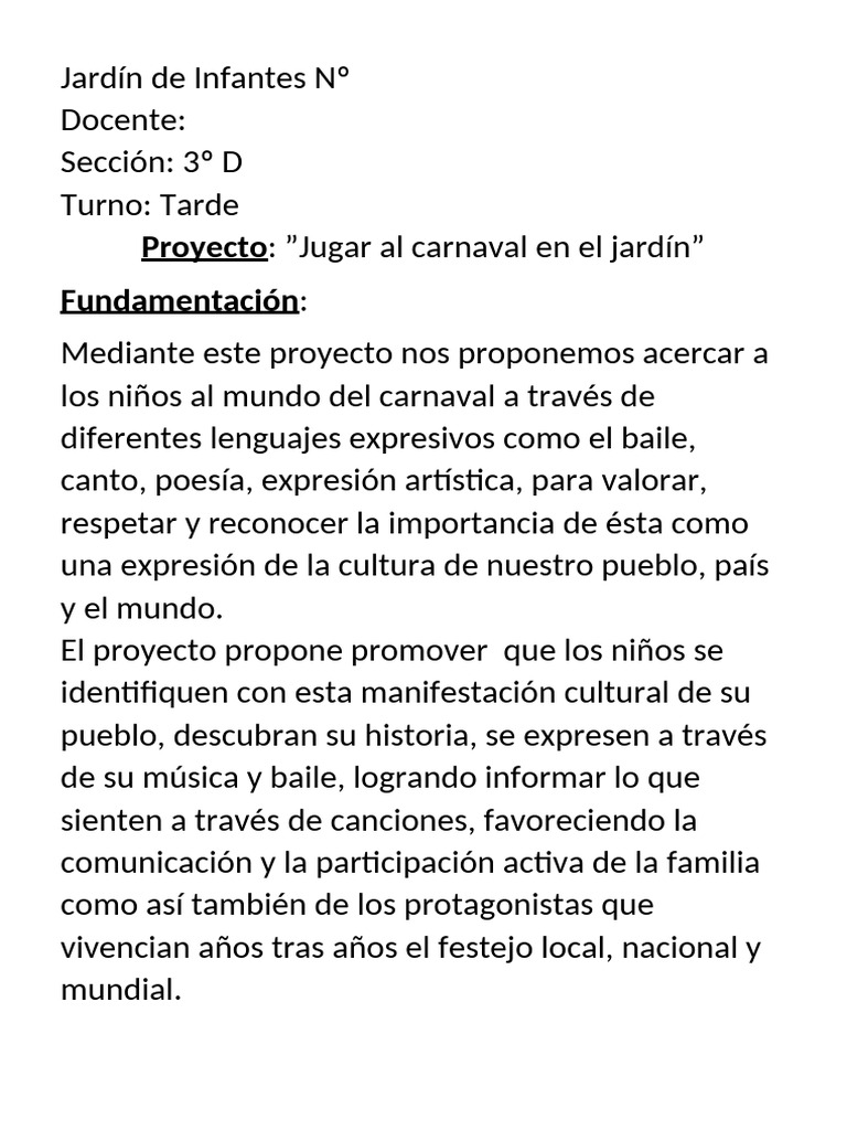Proyecto Carnaval 2024 | PDF | Carnaval | Educación de la primera infancia
