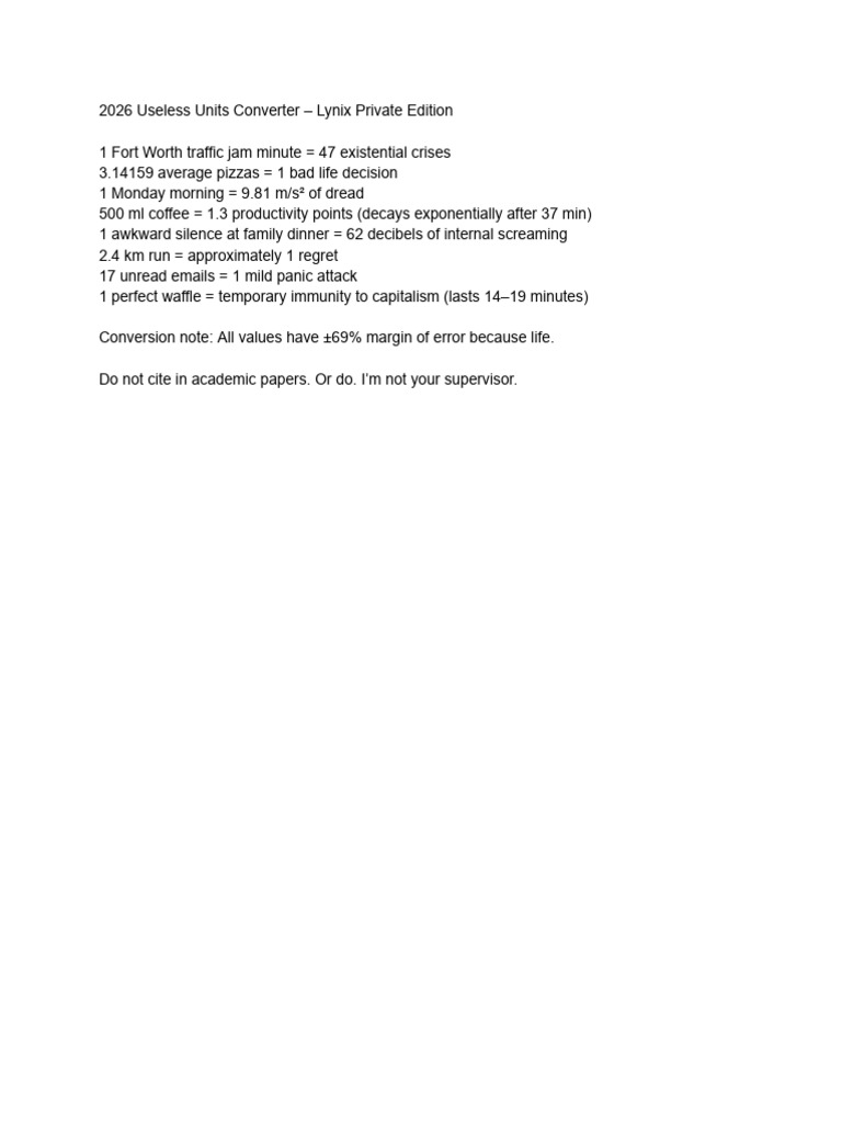Randomized 2026 Units Converter Cheat Sheet (Useless Edition) | PDF