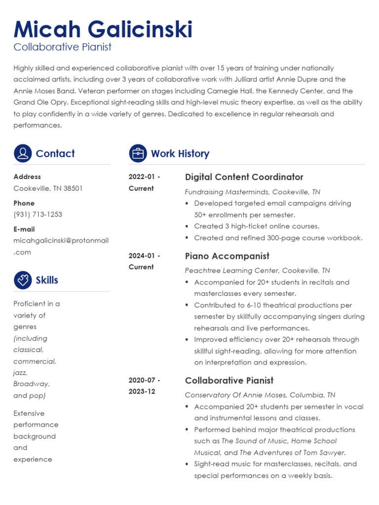 Micah Galicinski Collaborative Pianist Resume (2025) | PDF | Performing ...