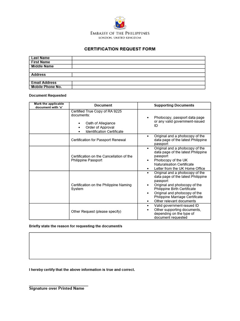Certification Request Form | PDF | Identity Document | Government And ...