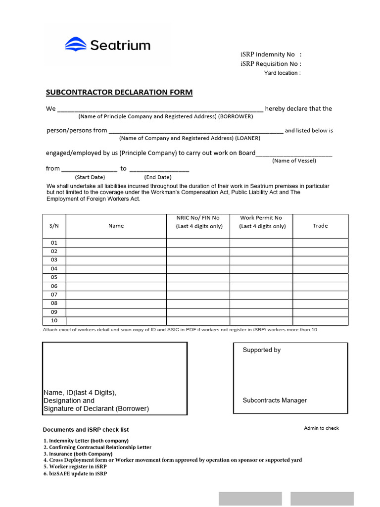 2023-11-29 Subcontractor Declaration Form Yard | PDF | Business Law