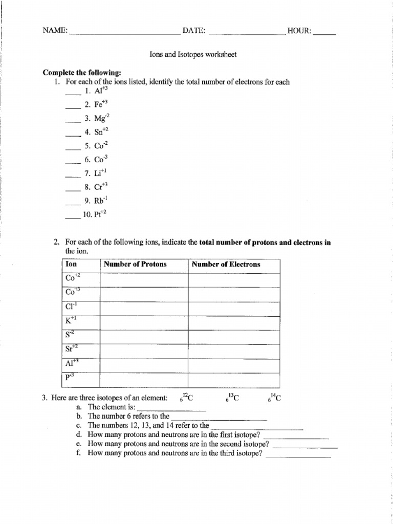 Ions and Isotopes Worksheet | PDF