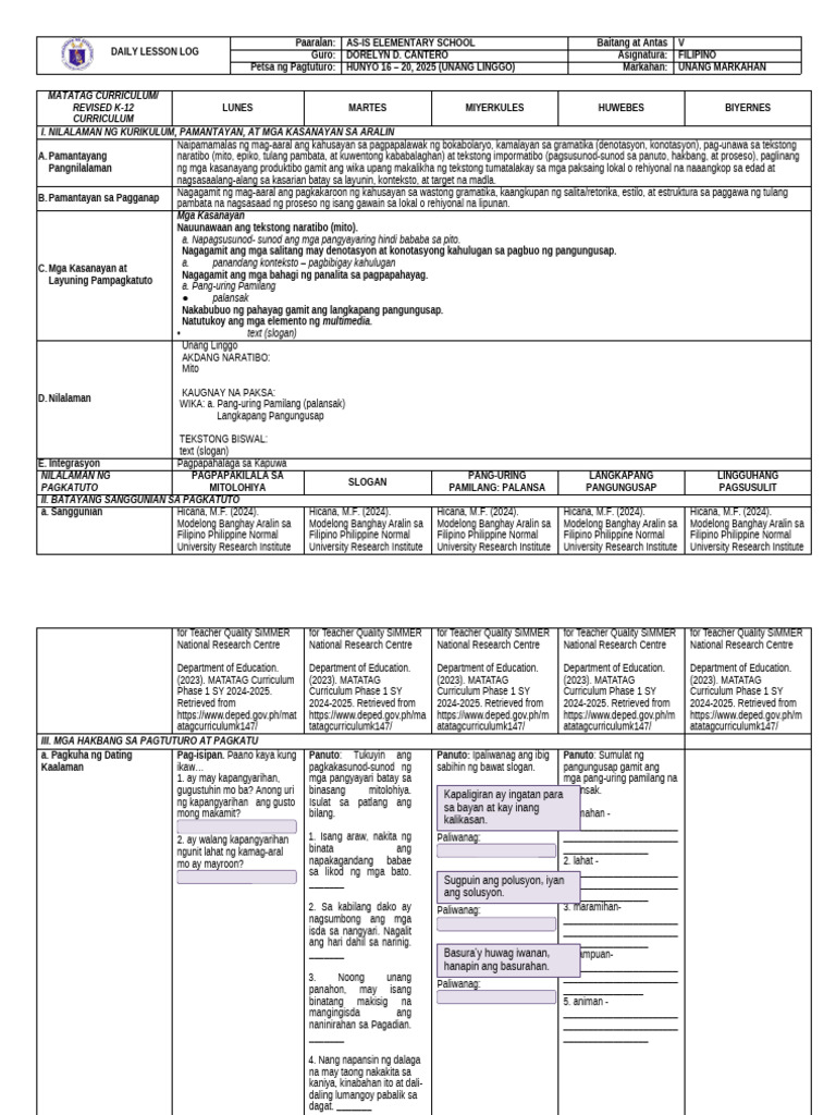 q1 Filipino DLL Week 1 | PDF