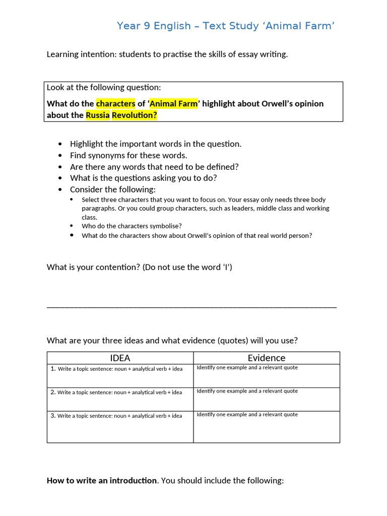 6.4 Animal Farm Practice Essay About Characters (Option Two) | PDF ...