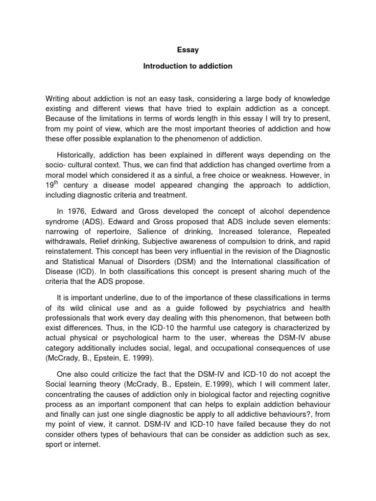 Essay Introduction To Addiction | PDF | Diagnostic And Statistical ...