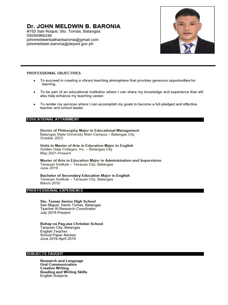 Updated Resume_ John Meldwin b. Baronia | PDF | Teachers | Cognition