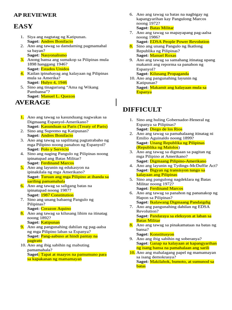 AP Quiz Bee Reviewer | PDF