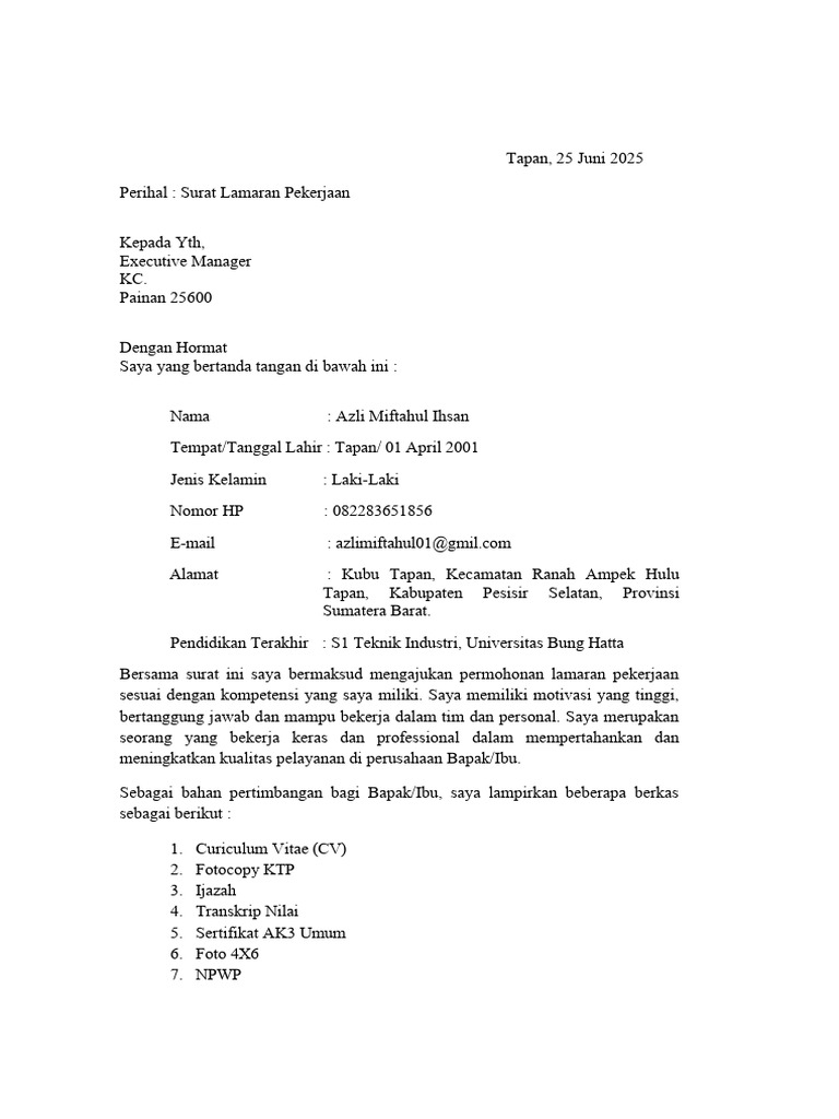 Surat Lamaran Kerja - Azli Miftahul Ihsan Pos | PDF