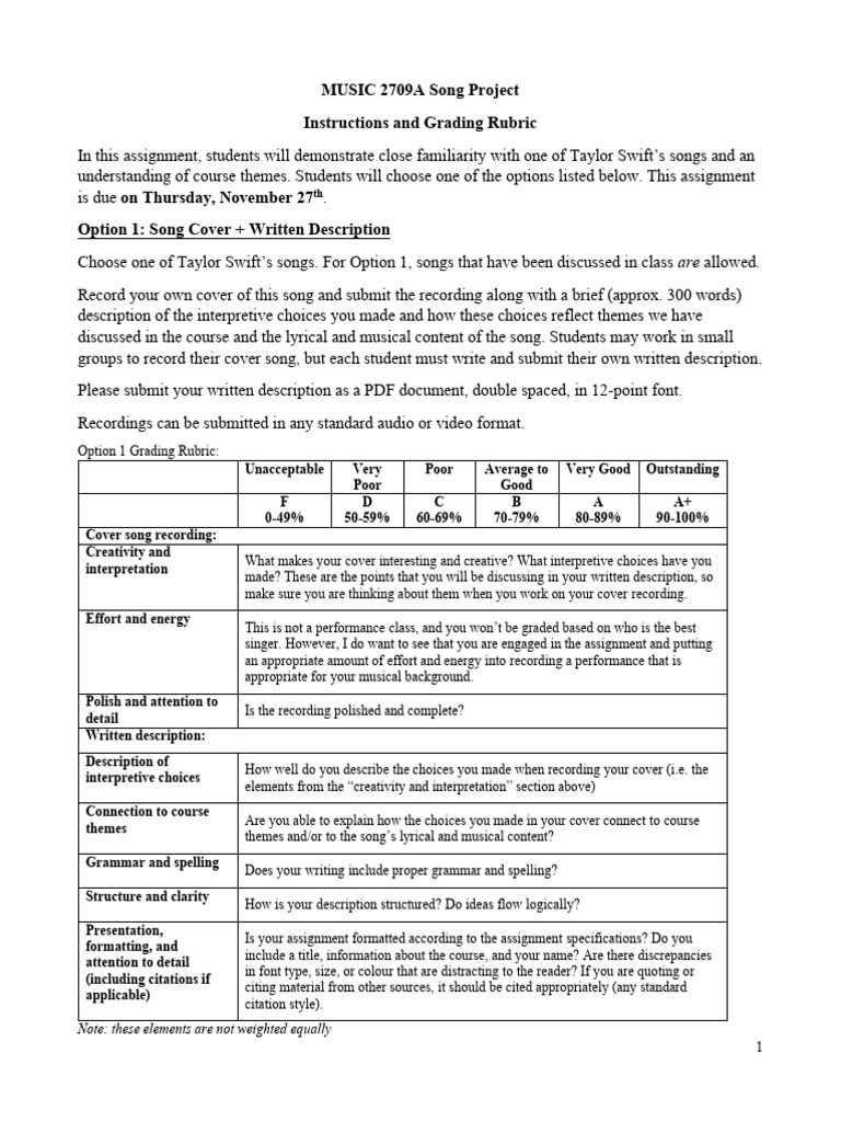 Song Project Instructions and Grading Rubrics | PDF | Argument | Thesis