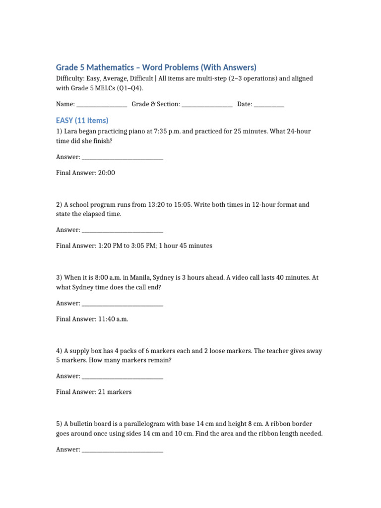 Grade 5 Math Word Problems With Answers v2 | PDF | Area