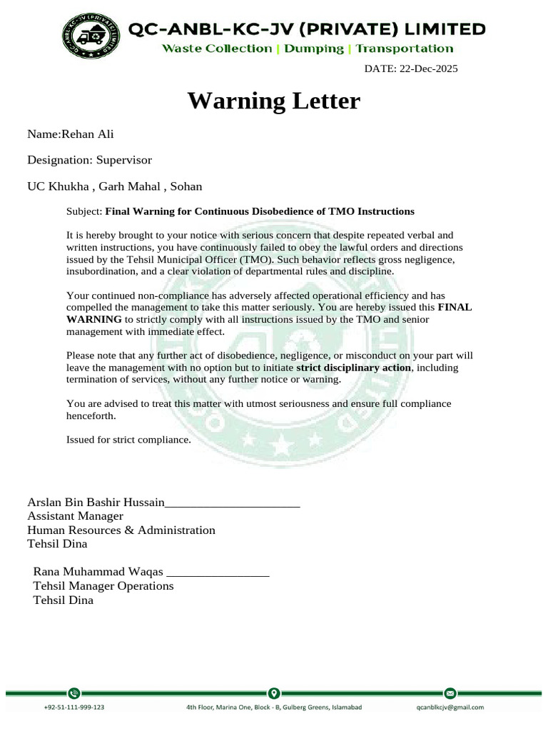 Warning Letter Rehan Ali | PDF