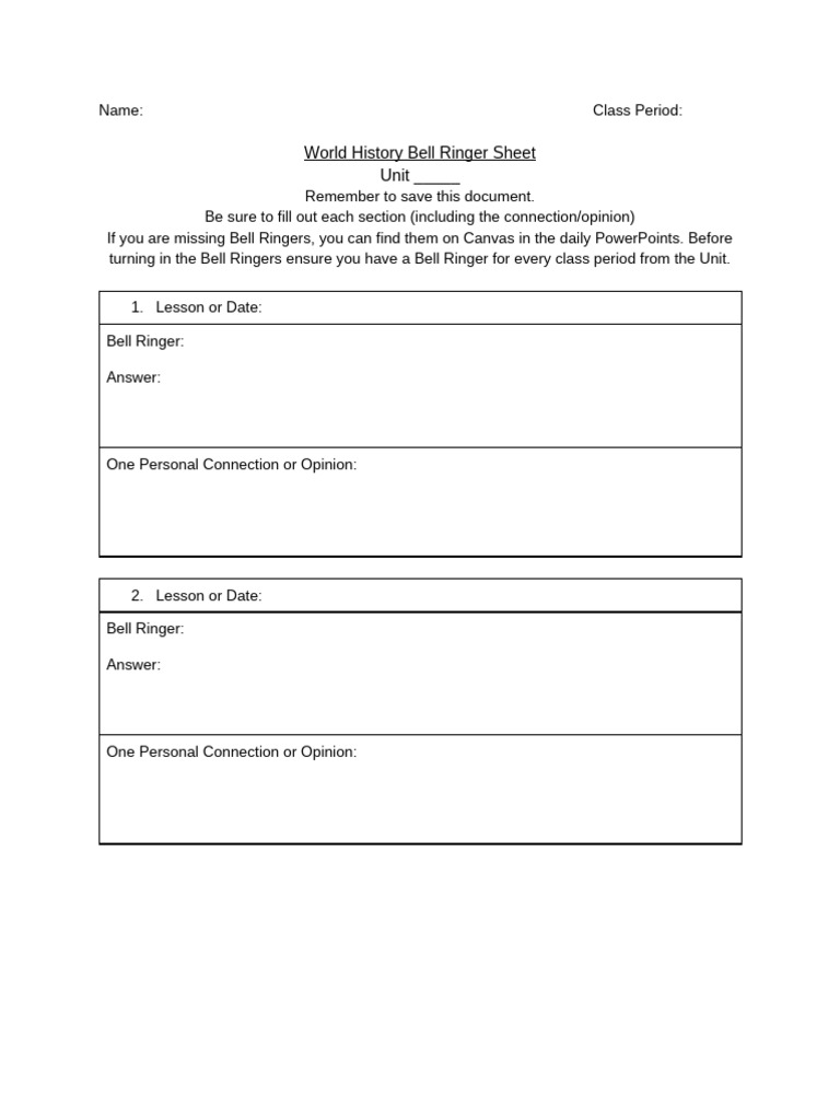 World History Bell Ringer Sheet | PDF
