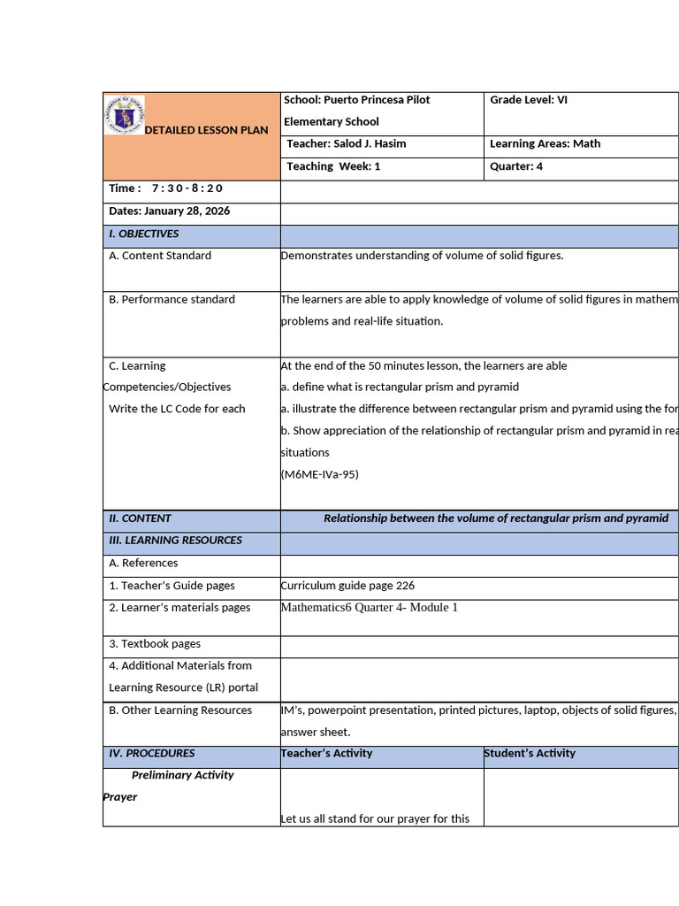 Detailed Lesson Plan For Demo in Math 6 | PDF | Volume | Area
