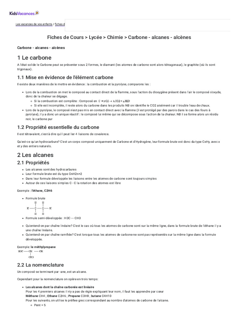 1 Le Carbone: Fiches de Cours Lycée Chimie Carbone - Alcanes - Alcènes ...